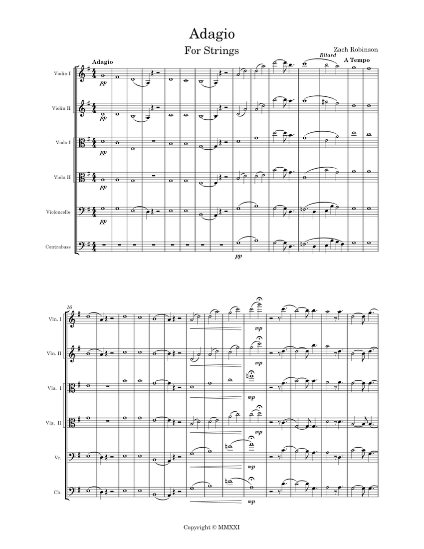 Adagio For Strings Sheet Music for Contrabass, Violin, Viola, Cello ...