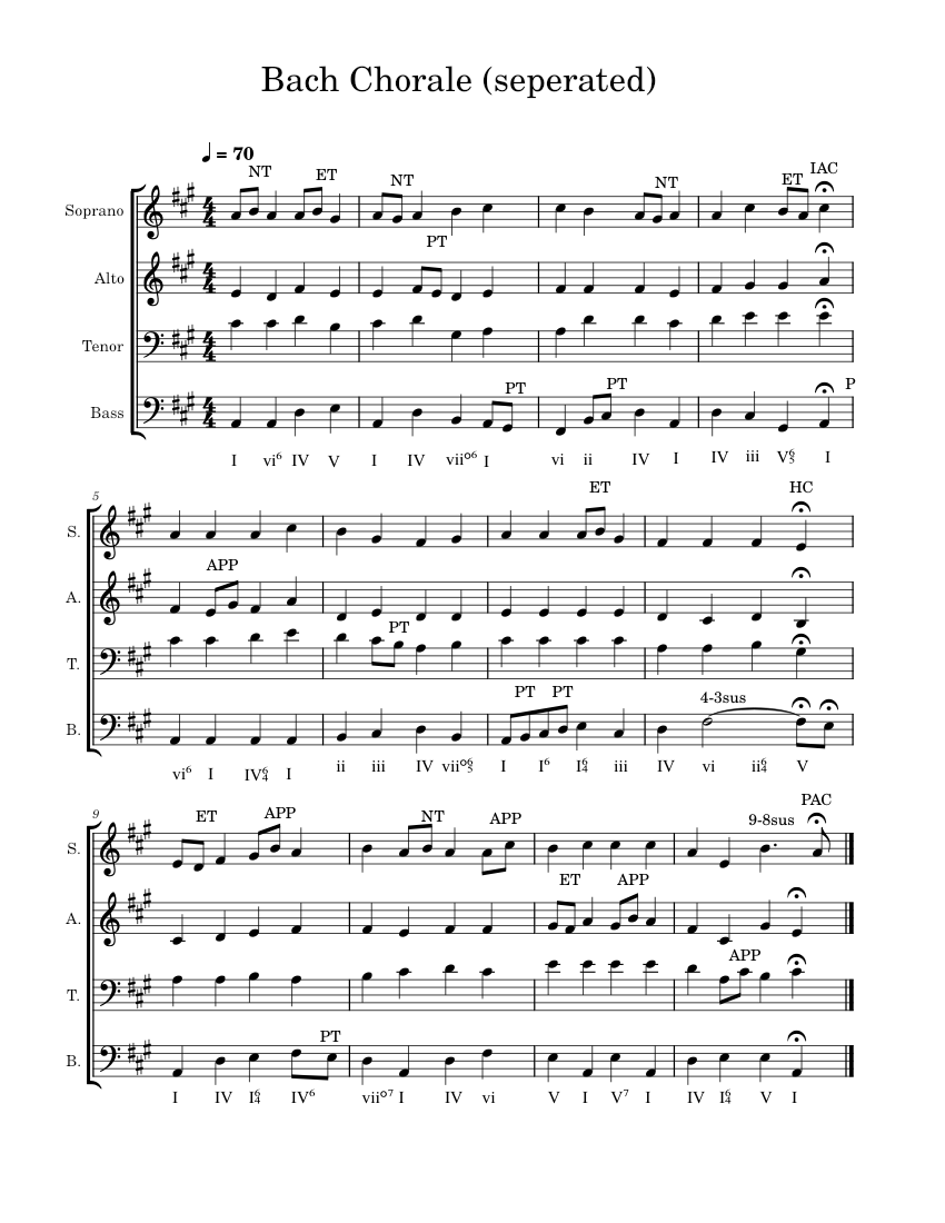 Bach Chorale seperated Sheet music for Soprano, Alto, Tenor, Bass voice ...