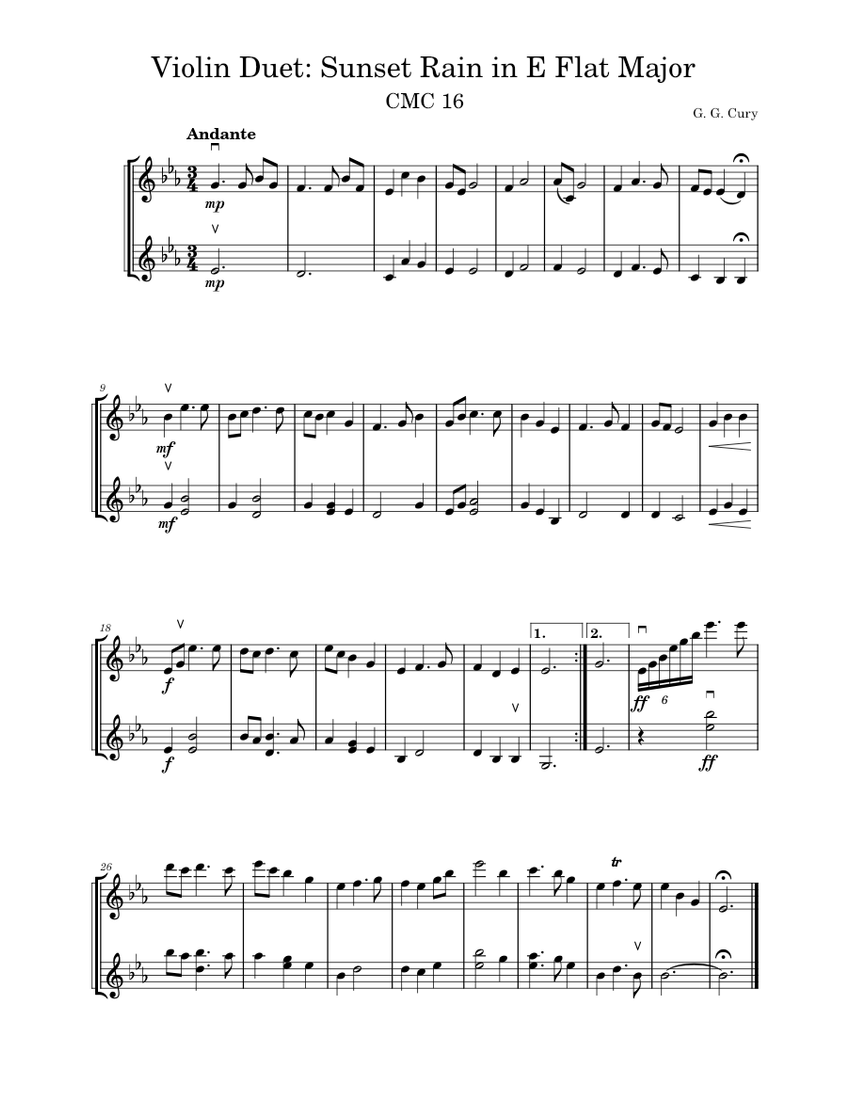 Violin Duet: Sunset Rain in E Flat Major Sheet music for Violin (String ...