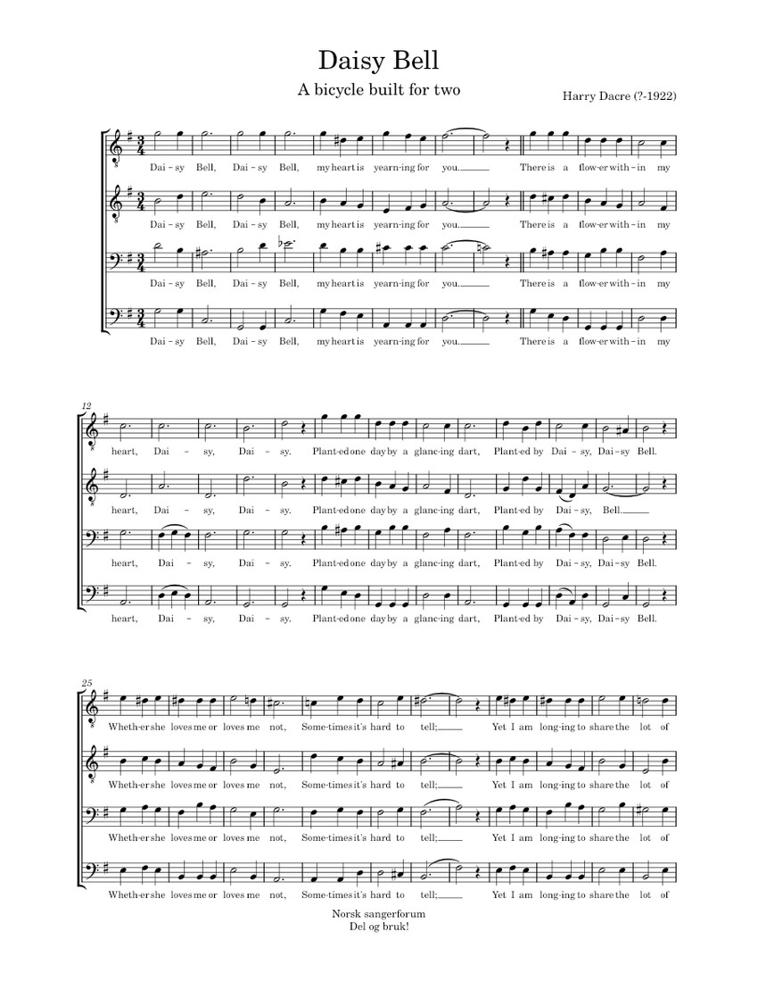 Daisy Bell – Harry Dacre Sheet Music for Tenor, Bass voice, Baritone ...