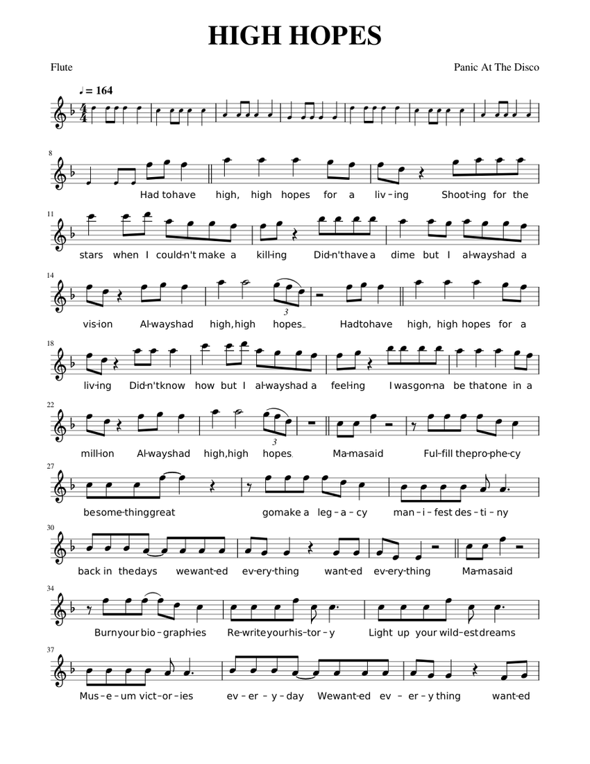 High Hopes by Panic at the Disco for Flute Sheet Music for Piano (Solo ...