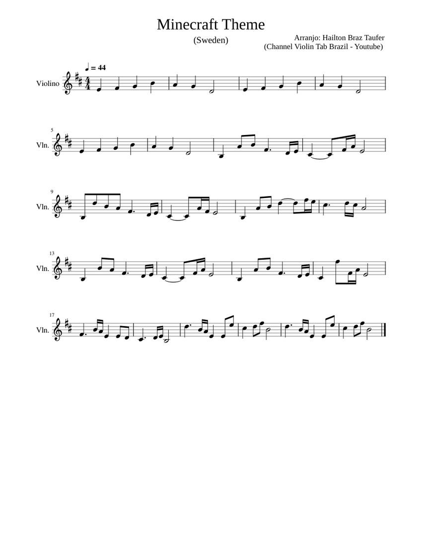 Minecraft Theme – (Channel Violin Tab - Youtube) Sheet Music for Violin ...