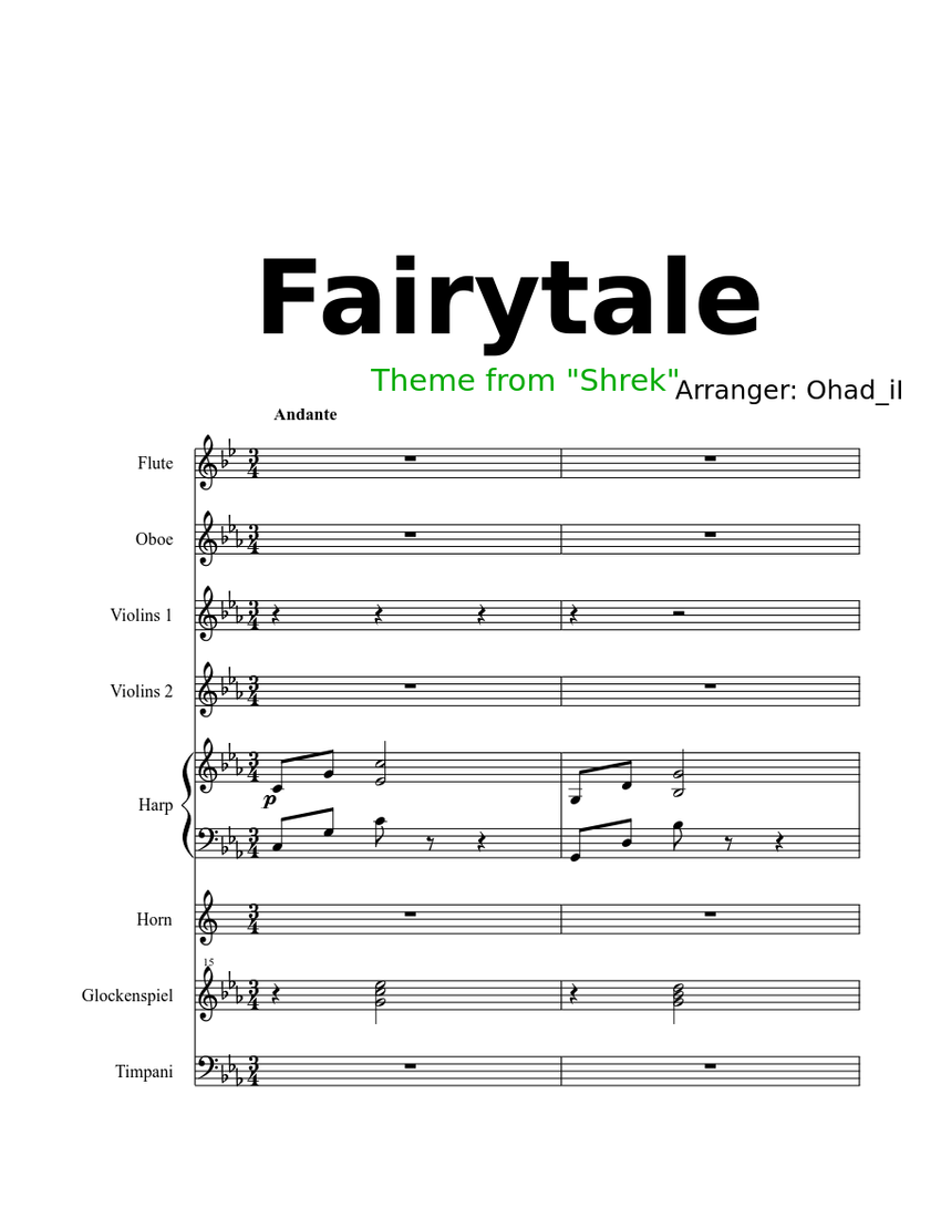 ♫FAIRYTALE (Theme from "Shrek") score♫ Sheet music for Flute, Oboe, Strings, Harp | Download ...